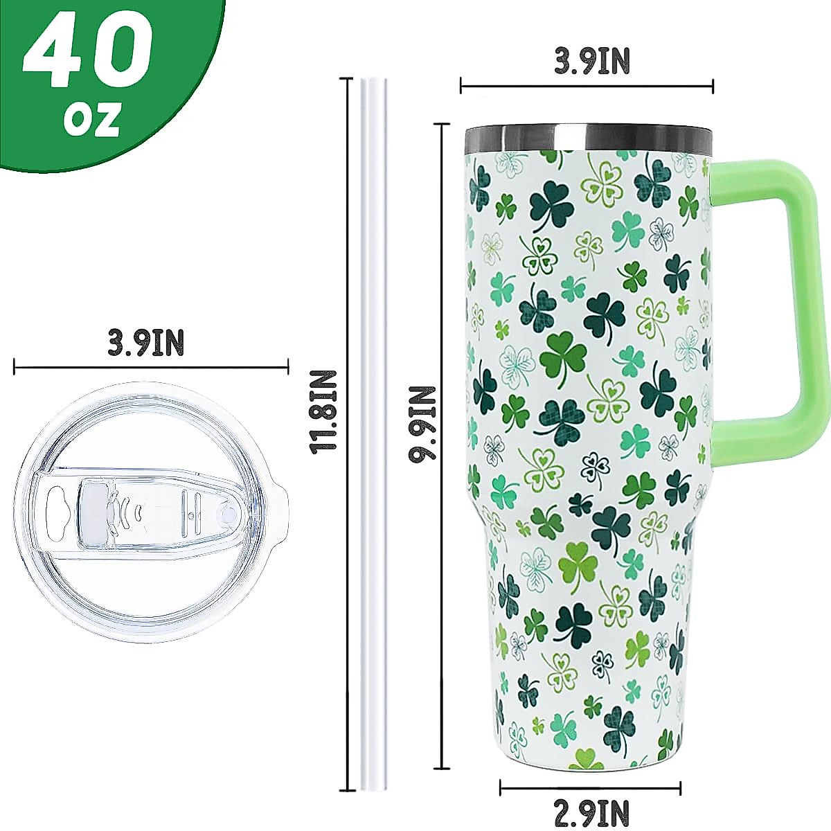Nqhsionv St Patricks Day Tumbler with Handle 40 oz Green Lucky Shamrock Coffee Travel Mug Stainless Steel Insulated Cup Irish Saint Patricks Decor Gifts