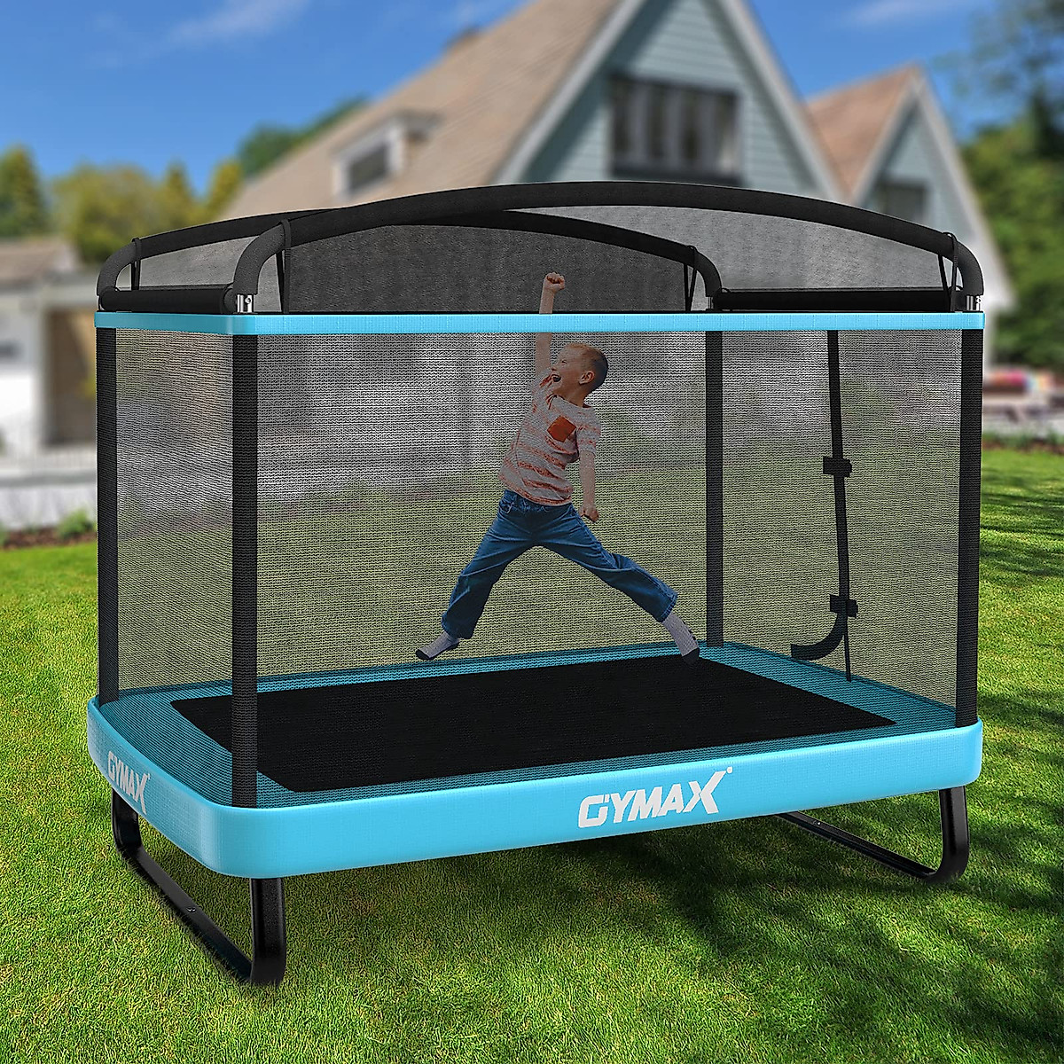 GYMAX 6FT Kids Trampoline with Swing, ASTM Approved Rectangle Recreational Trampoline with Enclosure Safety Net, Indoor/Outdoor Baby Toddler Play Combo Bounce, Birthday for Boy & Girl (Blue)