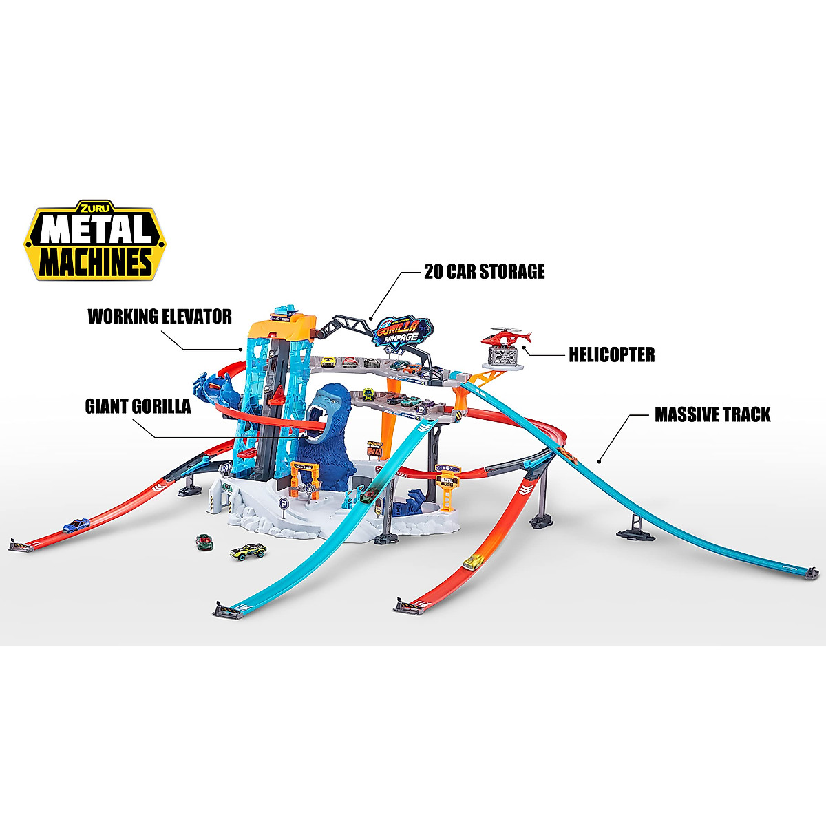 Metal Machines Gorilla Rampage Garage Track Set Vehicle Playset with Mini Toy Racing Car by ZURU Cars Play Set Compatible with Other Brands