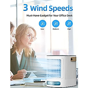 3-IN-1 Portable Air Cooler, USB Powered Desktop Cooling Fan, 3 Levels Spray Humidify & 3 Speeds Personal Air Conditioner Fan w/8 Night Light Modes, Evaporative Air Cooler for Small Room/Office/Camping