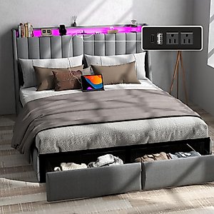 Anyhave Queen Bed Frame with 2 Storage Drawers and Luxury Wingback Upholstered Button Tufted Storage Headboard,Charging Station,Storage Headboard & LED Lights,Remote Control/Noise-Free-Dark Gray