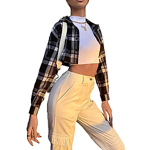 Floerns Women's Long Sleeve Collar Button Down Plaid Crop Top Blouse Black and White M