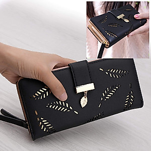 Create idea Black Women Long Leaf Bifold Wallet Purse Clutch Card Holder Synthetic Material Leaf-shaped Metal Pendant Purse