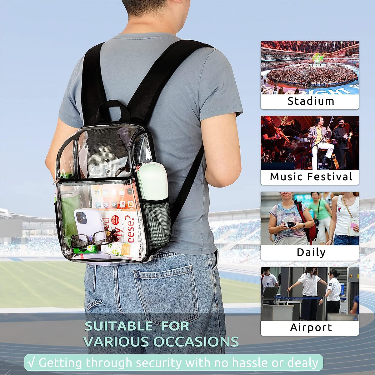 SPODEARS Small Clear Backpack, Stadium Approved 12x12x6 Clear Backpack for Festivals Concert Sports Events Athletic Activities