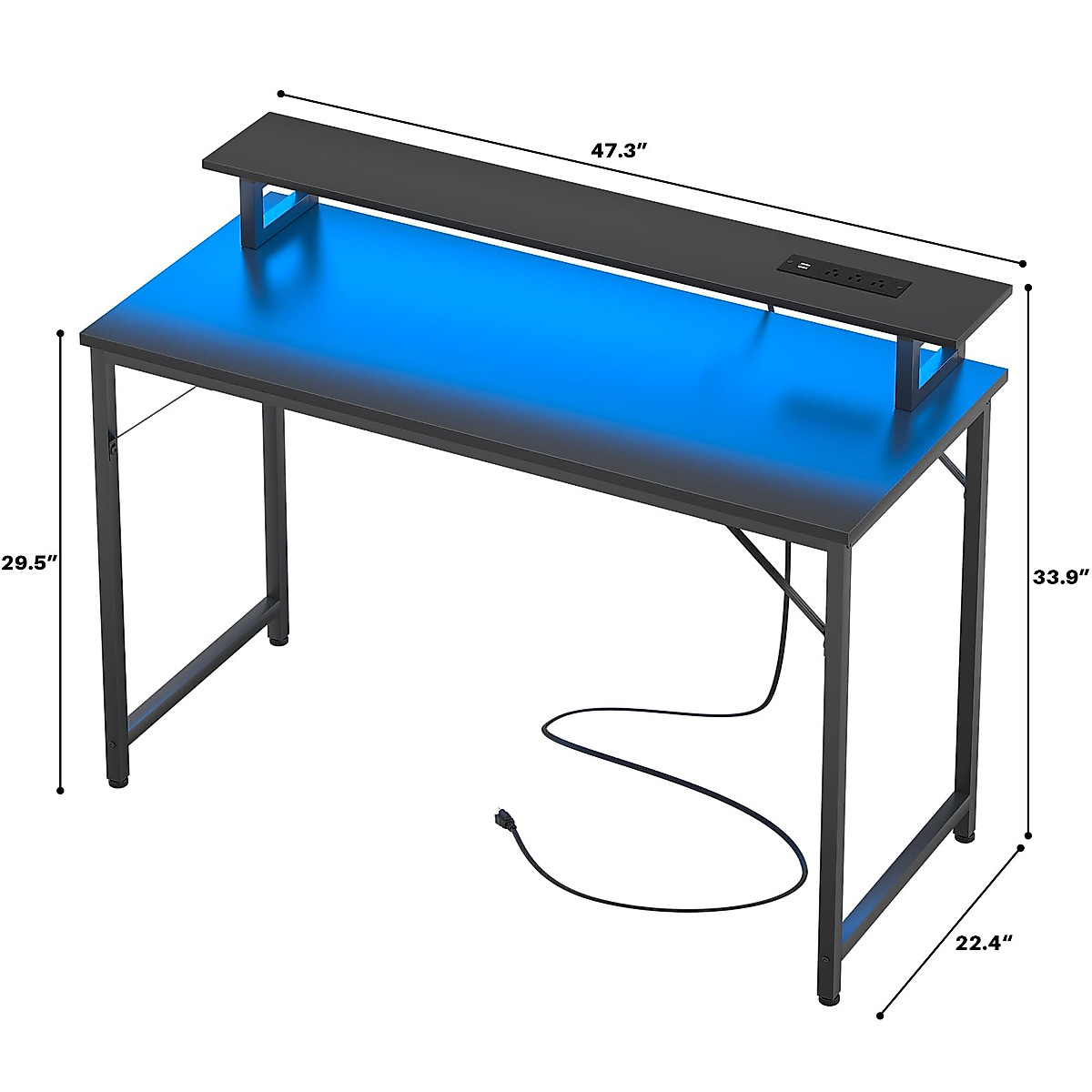 Hyomdeck Computer Desk with USB Power Outlets and LED Lights, 47 inch Gaming Desk with Monitor Stand for Small Space Home Office, Modern Simple Study Writing Table PC Desks, Black