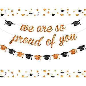 Orange We are So Proud of You Banner Glitter Orange and Black Grad Cap Garland for 2023 Senior High School College Graduation Grad Party Supplies