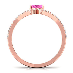 5X7 MM Oval Pink Sapphire Split Shank Ring with Diamond, Pink Sapphire Solitaire Ring for Women - September Birthstone, 14K Rose Gold, Size:US 8.00
