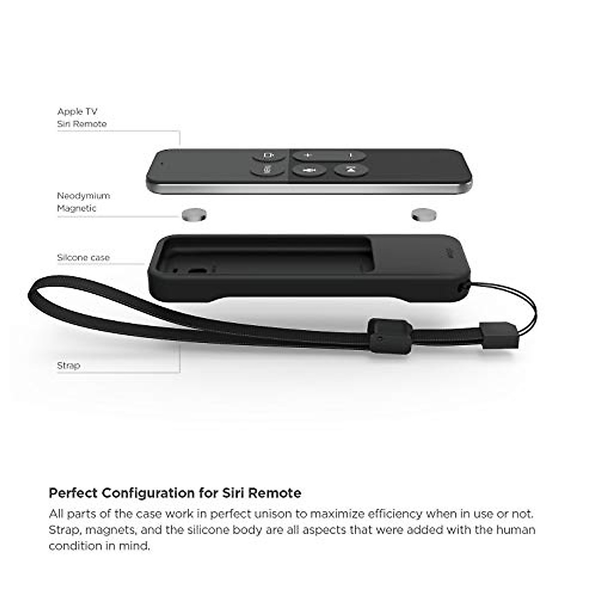 elago R1 Protective Silicone Case Cover Compatible with Apple TV 4K Siri 4th and 5th Generation Siri Remote Control - [Magnet Technology] [Lanyard Included] [Shock Absorption] - Black