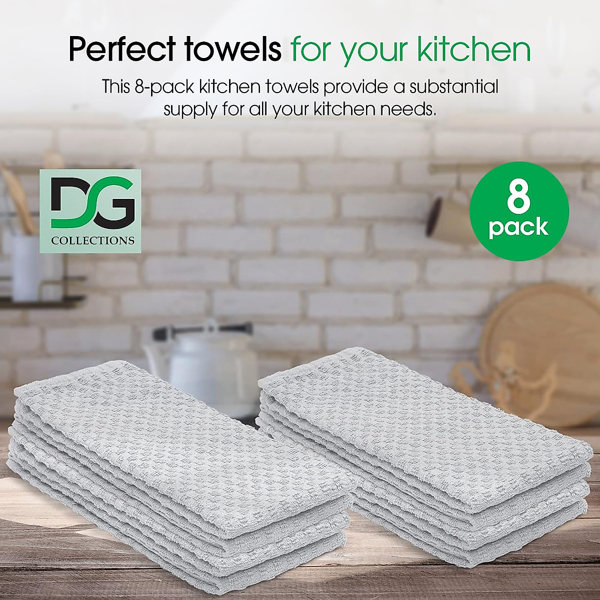 DG Collections Terry Dish Towels, 100% Cotton Kitchen Towels, Set of 8 (15x25 inch) Hand Towels - 400 GSM, Absorbent Terry Cloth Dish Towels for Kitchen, Soft Tea Towels - Ash Grey Color