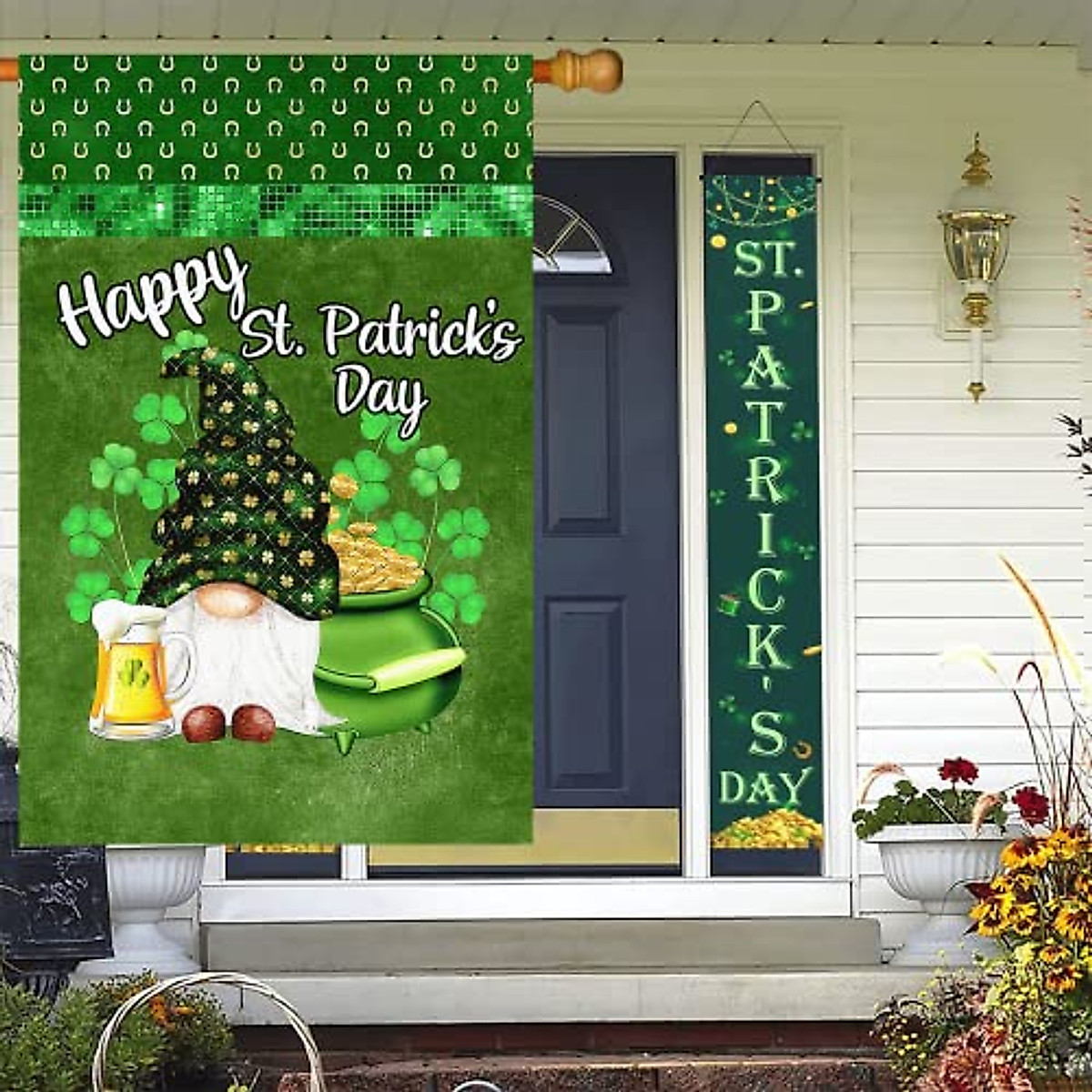 Surfapans Happy St Patricks Day Gnome House Flag 28x40 Inch Double Sided Green Shamrock Clover Outside Burlap Gold Coin Beer Large Outdoor Yard Flags Porch Home Farmhouse Decoration