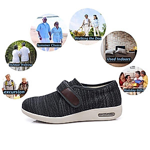 W&Le-Slippers Women's Wide Width Walking Shoes with Adjustable Closures, Air Cushion Breathable Mesh Sneakers for Elderly Diabetic Edema Swollen Feet(BK-GY,7) Black-Grey