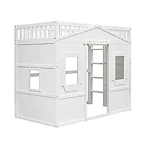 Harper & Bright Designs House Loft Bed Twin Kids Playhouse Bed, Solid Wood Loft Bed Frame with Window and Ladder, for Girls Boys (Twin Size, White)