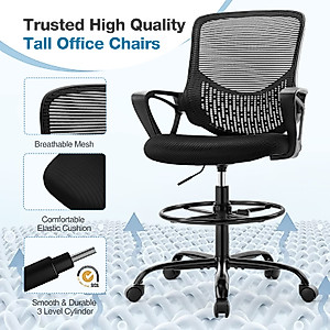 JHK Drafting Home Office Tall Computer Standing Desk Task Chair with Adjustable Foot Ring and Armrest, Breathable Mesh, Ergonomic Lumbar Support, 360° Swivel Rolling for Adult, Black