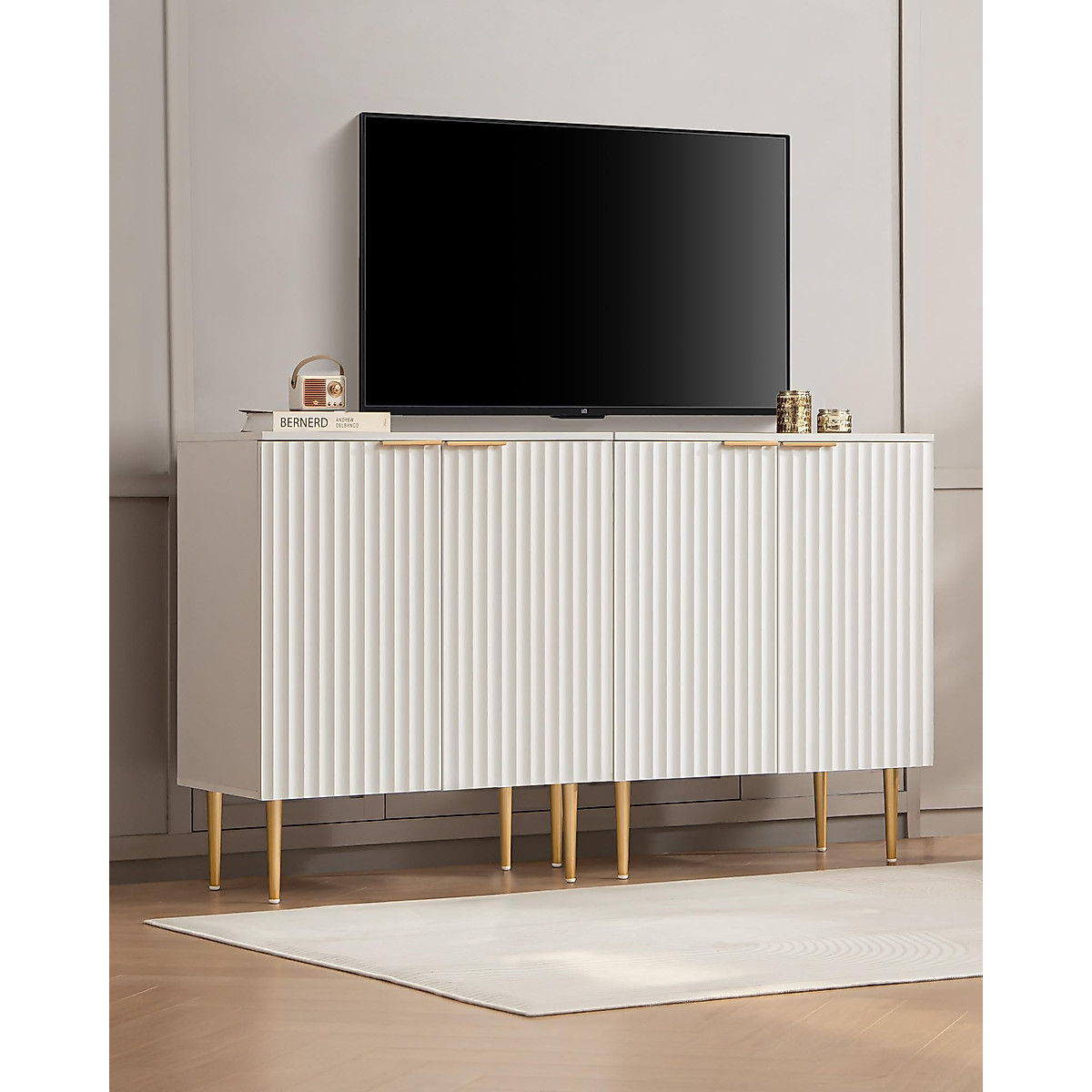 SICOTAS Fluted White Storage Cabinet Set of 2, Wooden Sideboard Buffet Cabinet with Spray-Painted Finish, Console Table with Storage Credenza Accent Cabinet for Living Room, Dining Room, Entryway