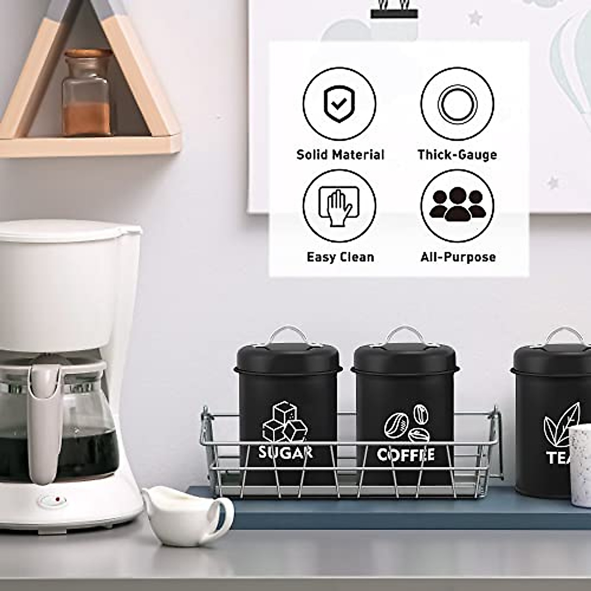 E-far Canister Sets for Kitchen Counter, 3-Piece Metal Coffee Sugar Tea Canister with Airtight Lid for Food Storage, Farmhouse Style & Small Size (6.1” x 4”)-Black