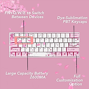Manbala ZMX Cherry Blossom 61 Mechanical Keyboard,60%Compact Mechanical 61Keys 5.0Bluetooth/Type-C Wired Dual-Mode RGB Backlit Five-Sided Sublimation PBT Keycap Gaming Keyboard (Brown Switch, Pink)