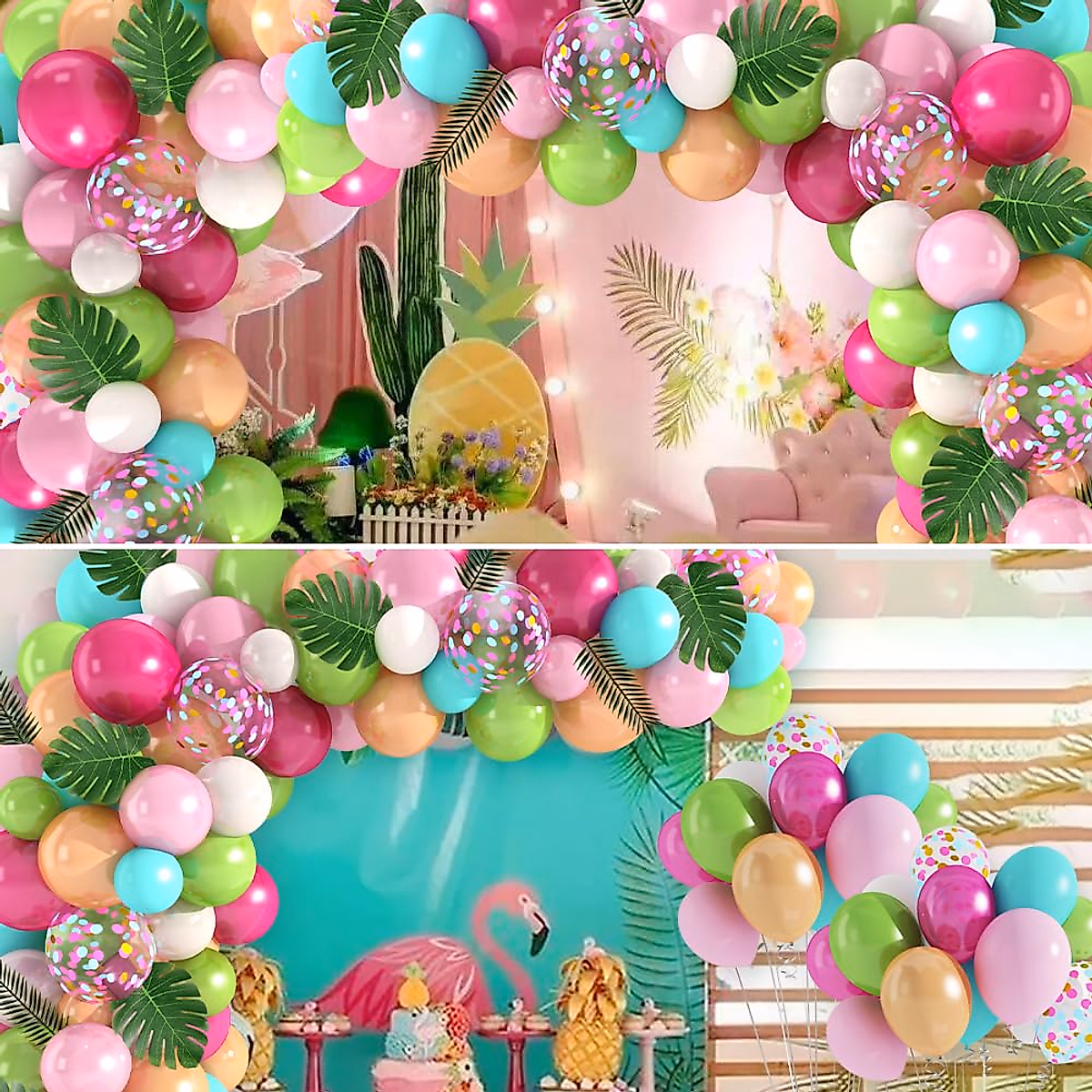 Amandir 140PCS Tropical Balloons Arch Garland Kit, Green Hot Pink Confetti Latex Balloons Palm Leaves for Tropical Hawaii Flamingo Birthday Baby Shower Wedding Party Decorations Supplies