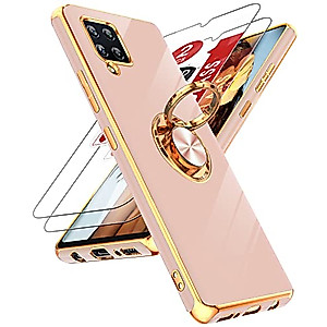 LeYi for Samsung Galaxy A42 5G Case with Tempered Glass Screen Protector [2 Pack] 360° Rotatable Ring Holder Magnetic Kickstand, Plating Rose Gold Edge Protective Case, Pink