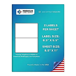 Premium Label Supply White Sticker Half Sheet Labels – 8.5" x 5.5" – Laser/Inkjet Compatible – (2 Labels/Sheet), 25 Sheets - 50 Total Adhesive Labels