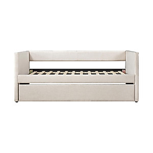 Lexicon Upholstered Daybed with Trundle, Textured Fabric Twin Day Bed Frame with Backrest and Wood Slat Support, Twin Trundle Daybed Sofa Bed for Bedroom Guest Room, No Box Spring Needed, Beige