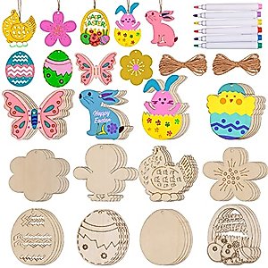 Max Fun 60PCS Easter Wood Cutouts for Crafts Easter Unfinished Ornaments DIY with Bunny to Paint for Kids Easter Party Decorations Decor Hanging Egg Shapes with Drawing Pen and Hang Cords