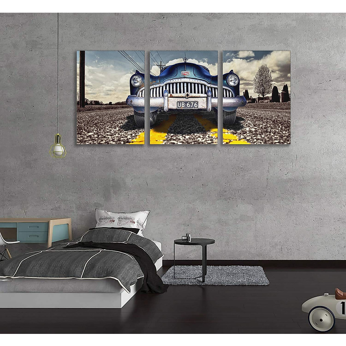 USIXA Car Wall Art for Living Room Old Vehicle on Brown Road Wall Decor Painting Blue Car in Wild Picture for Home Decor Prints Canvas with Frame Ready Hang White Cloud Sky Landscape Poster 12''X16''