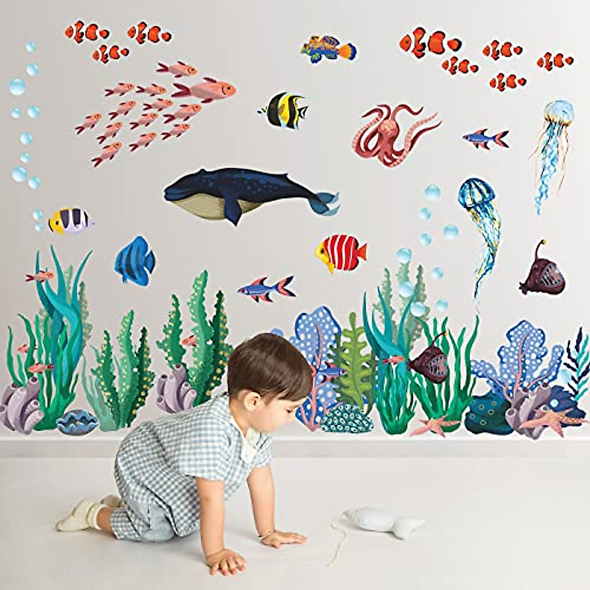 RW-1029 3D Removable Ocean Animals Wall Decals Under The Sea Animals Wall Stickers Fish Whale Seaweed Coral Decals DIY Marine Animals Sea View Wall Art Decor for Kids Baby Bedroom Living Room Nursery