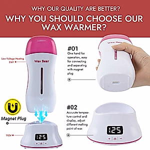 Wax Bear Roll On Wax Heater Kit for Hair Removal,Roller Wax Cartridge Depilatory Digital Temperature Display with for Personal & Professional Use，White