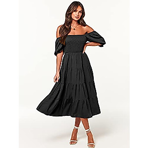 ANRABESS Women's Casual Summer Midi Dress Puffy Short Sleeve Square Neck Smocked Tiered Boho 2023 Spring Dresses for Wedding Bridal Shower 877heise-M Black