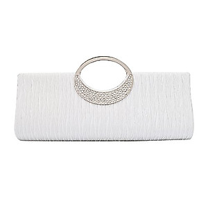 ZIUMUDY Pleated Satin Rhinestone Evening Bags Wedding Bridal Clutches Purse Wallet Handbags (White)