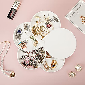 Small Jewelry Organizer, Ring Earrings Necklace Bracelet Bangle Watch Jewelry Storage Box for Women, 4-Layer Rotating Travel Jewelry Tray Case with Lid (White)