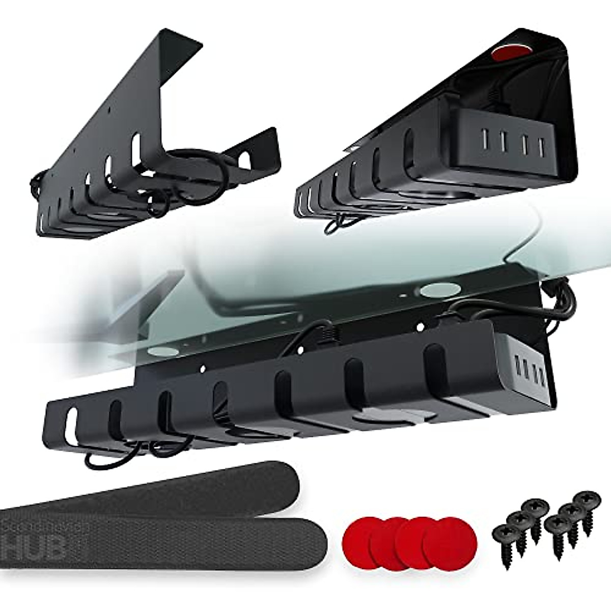 Under Desk Cable Management Tray - No Drill Cable Management for Glass Desk. Under Desk Cable Organizer for Wire Management. Perfect Standing Desk Cable Management Rack (Black- Set of 2)