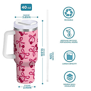 Bseiialft 40 oz Tumbler with Handle Pink Bow Cherry Water Bottle with Lid and Straw Vacuum Insulated Cup Stainless Steel Travel Coffee Mug for Home Office Car