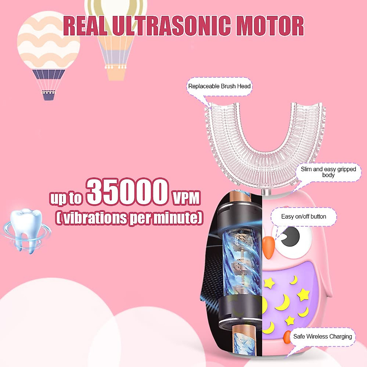 AUITRONCARE Kids Toothbrush Electric, Toddler Electric Toothbrush Ultrasonic Toothbrush 360° Cleaning U Shaped Toothbrush Come with 3 Brushing Heads and Cup for Toddlers & Children (Owl-Pink)