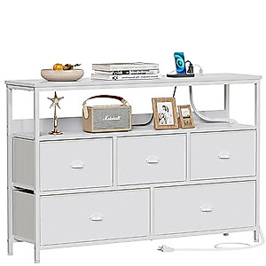 Furologee White TV Stand for Bedroom with Outlet for 55" TV, Long 45" Console Sofa Table with 5 Drawers, Entryway Table with Storage Shelves, Tall Entertainment Center for Living Room, Hallway