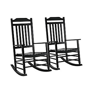 LOKATSE HOME Outdoor Rocking Chair Set of 2 Oversized Wooden Porch Rocker with 300 lbs Weight Capacity, High Back Smooth for Backyard, Lawn, Garden and Deck, Black