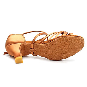 RoseMoli Women's Latin Dance Shoes Satin Professional Ballroom Salsa Practice Performance Dance Shoes Tan-2.2