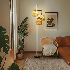 Maxax Rattan Floor Lamp, 3 Lights Farmhouse Tree Standing Lamp with Wood Rattan Shades, Multi Head Vintage Tall Pole Lamp for Bedroom Living Room, Office - 65 Inches