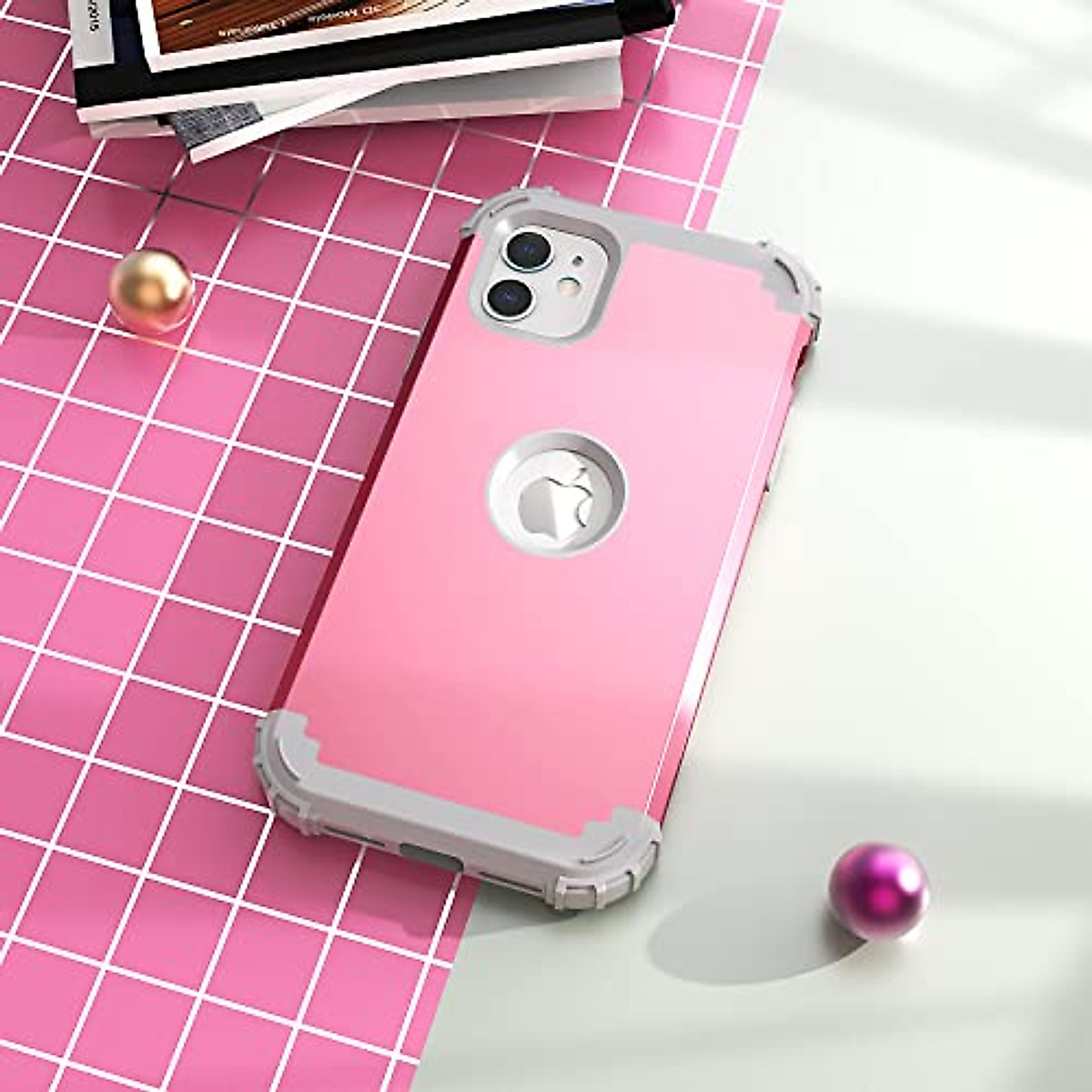 IDweel iPhone 11 Case with Screen Protector(Tempered Glass), Hybrid 3 in 1 Shockproof Slim Fit Heavy Duty Protection Hard PC Cover Soft Silicone Bumper Full Body Case,Pink/Light Grey