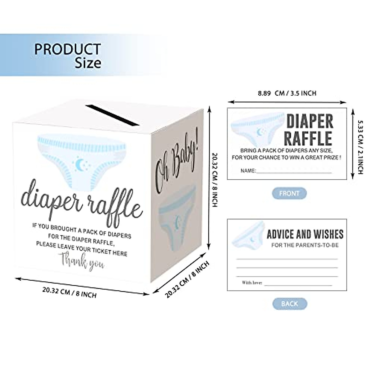 mermermu Diaper Raffle Tickets and Advice Cards For Baby Shower - 1 Card Collection Box & 50 Tickets, Baby Shower Card Box, Party FavorsDecorationsSupplies, Game Kit, 8" Card Box -002BOX