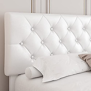 Queen Bed Frame with Storage and Adjustable Headboard, Bed Frame with 4 Drawers and Wooden Slats Support, No Box Spring Needed, PU, White