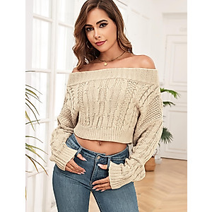 ZAFUL Women's Off Shoulder Cable Knit Crop Top Sweater - Long Sleeve Pullover with Batwing Sleeves