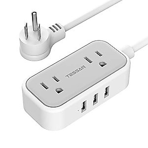 Mini Power Strip with 3 USB Ports, TESSAN 2 Outlet Portable Flat Plug Strip with 5 Ft Small Extension Cord, No Surge Protector for Cruise Ship Essentials Travel