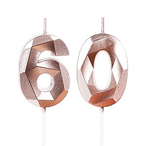 60th Birthday Candles,Number 60 Candles,Rose Gold Happy Birthday Candle for Cake,3D Design Cake Topper Decorations for Women Men Pet Birthday Party Wedding Anniversary Celebration Supplies