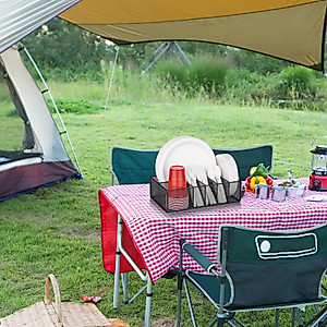 Paper Plate Organizer for Countertop, Metal Silverware Caddy with 6 Compartments for Plate, Cup, Fork, Knives, Spoon, Napkin, Paper Plate and Utensil Holder Caddy for Party, Camping, Picnic (Black)