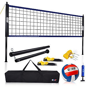 GSE Portable Volleyball Complete Set for Outdoor Backyard, Lawn, Park, and Beach. Professional Volleyball Net System with Poles, Volleyball & Pump, Boundary Line, and Carrying Bag(Recreational)