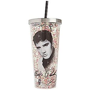 Spoontiques - Glitter Filled Acrylic Tumbler - Glitter Cup with Straw - 20 oz - Stainless Steel Locking Lid with Straw - Double Wall Insulated - BPA Free - Elvis Presley