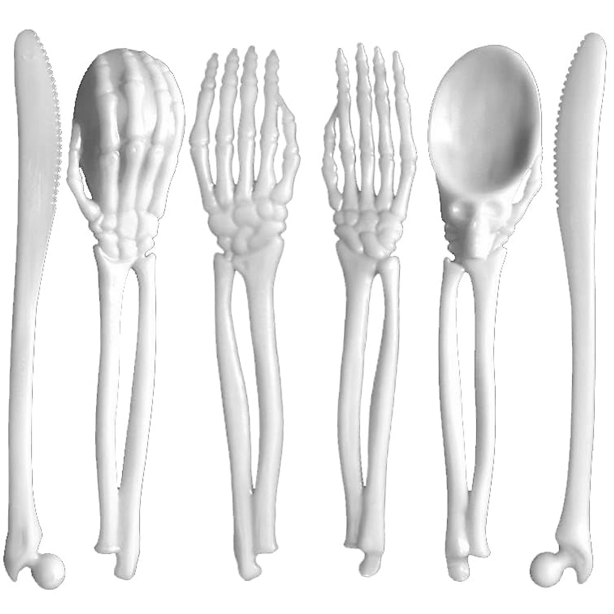 Skeleton Shaped Plastic Silverware Set Plasticware: Reusable, Dishwasher Safe, Non Toxic, Heavy Duty Forks Spoons & Knives (Place Setting for 6-18pcs Total)