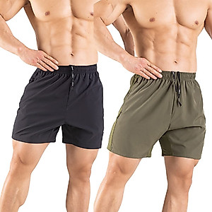 Gaglg Men's 5" Running Shorts 2 Pack Quick Dry Athletic Workout Gym Shorts with Zipper Pockets Black/Green,Medium