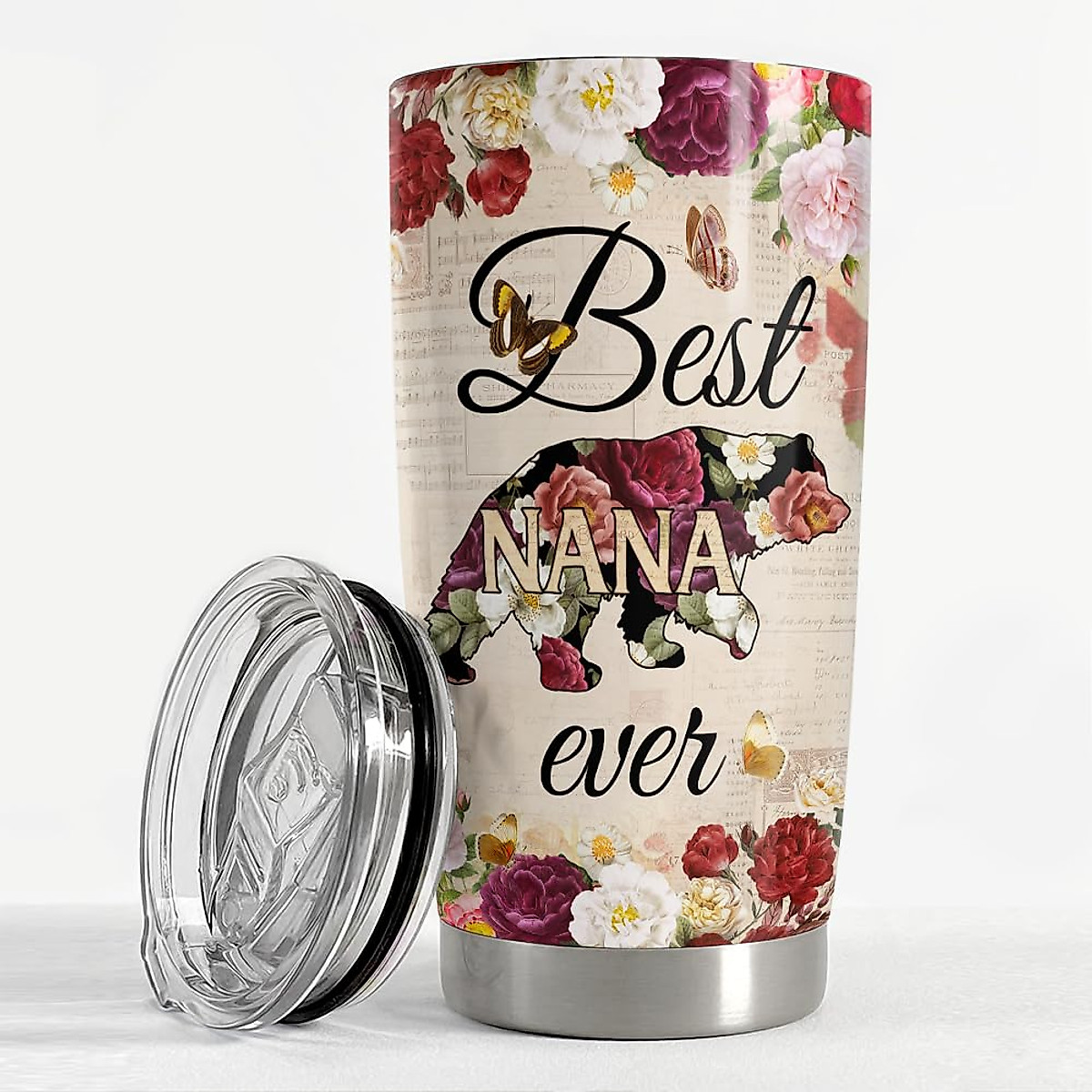 SANDJEST Best Nana Ever Tumbler Gift for Grandmas from Grandkids - 20oz Floral Insulated Stainless Steel Travel Mug Granny Christmas, Birthday, Mother's Day Gifts for Nana, Gigi from Grandchildren